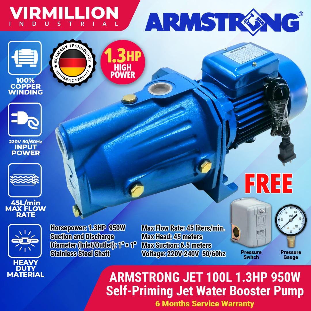 ARMSTRONG JET 100L 1.3HP 950W Self-Priming Jet Water Booster Pump with FREE Pressure Switch and ...