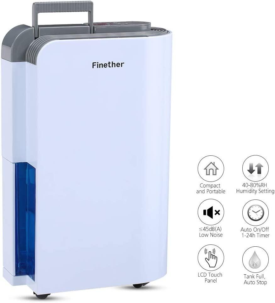 Finether Dehumidifier 12L/D Home Air Dehumidifier 24h Timer LED Digital ...