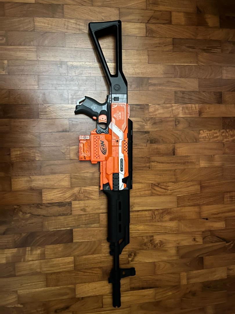 NERF Stryfe with Worker Autofire Kit (W0321) and MP5-K C-Style Mod Kit ...
