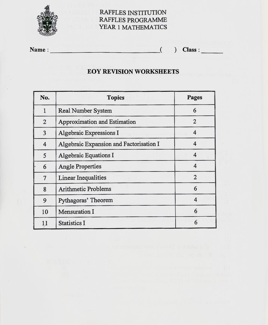 raffles institution secondary 1 mathematics eoy revision topics ...