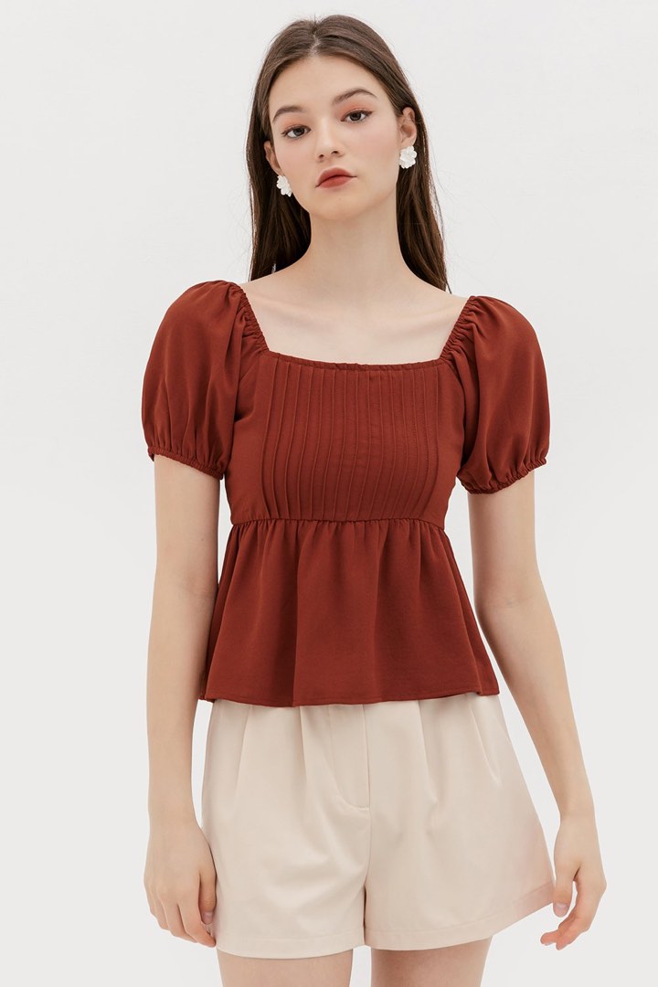 SSD Debby top in rust puff sleeve peplum top, Women's Fashion, Tops ...