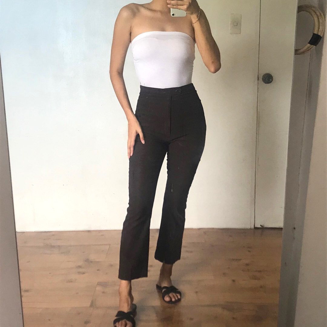 Vintage Style High Waisted Chocolate Brown Body Hugging Trousers Pants ...
