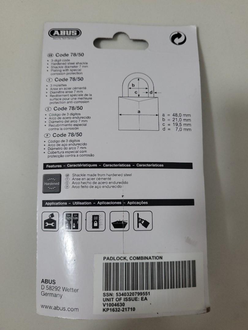 ABUS Hardened Steel Combination Lock ABUS-78/50 High Quality Lock, Furniture & Home Living ...