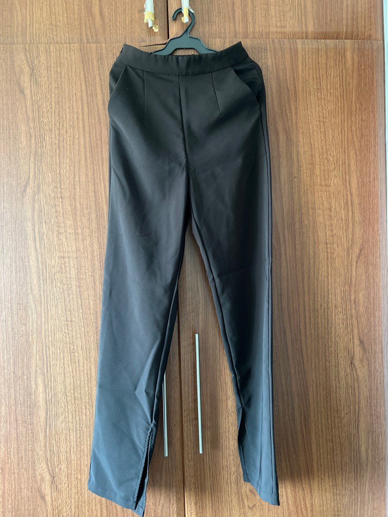 Black Flare High Waisted Slacks with Slit on Bottom, Women's Fashion ...