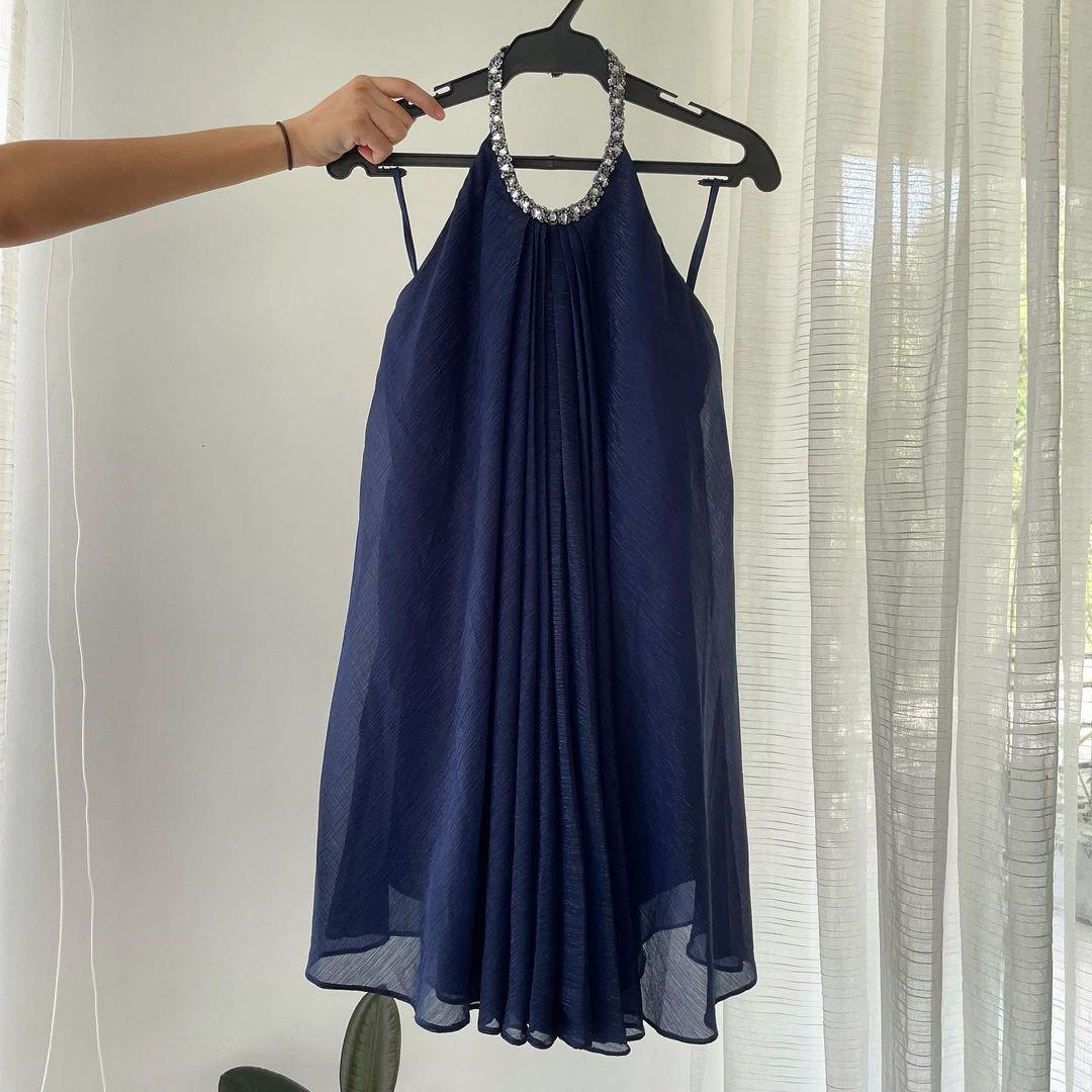 Custom-made Dark Blue Sheer Low Back Halter Dress, Women's Fashion ...