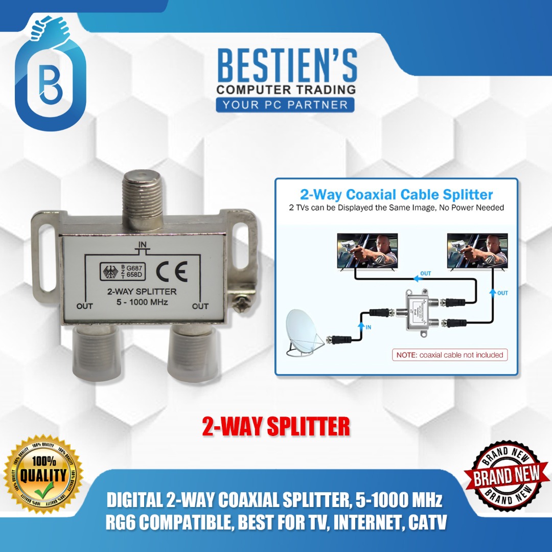 DIGITAL 2-WAY COAXIAL SPLITTER, 5-1000 MHz RG6 COMPATIBLE, BEST FOR TV ...