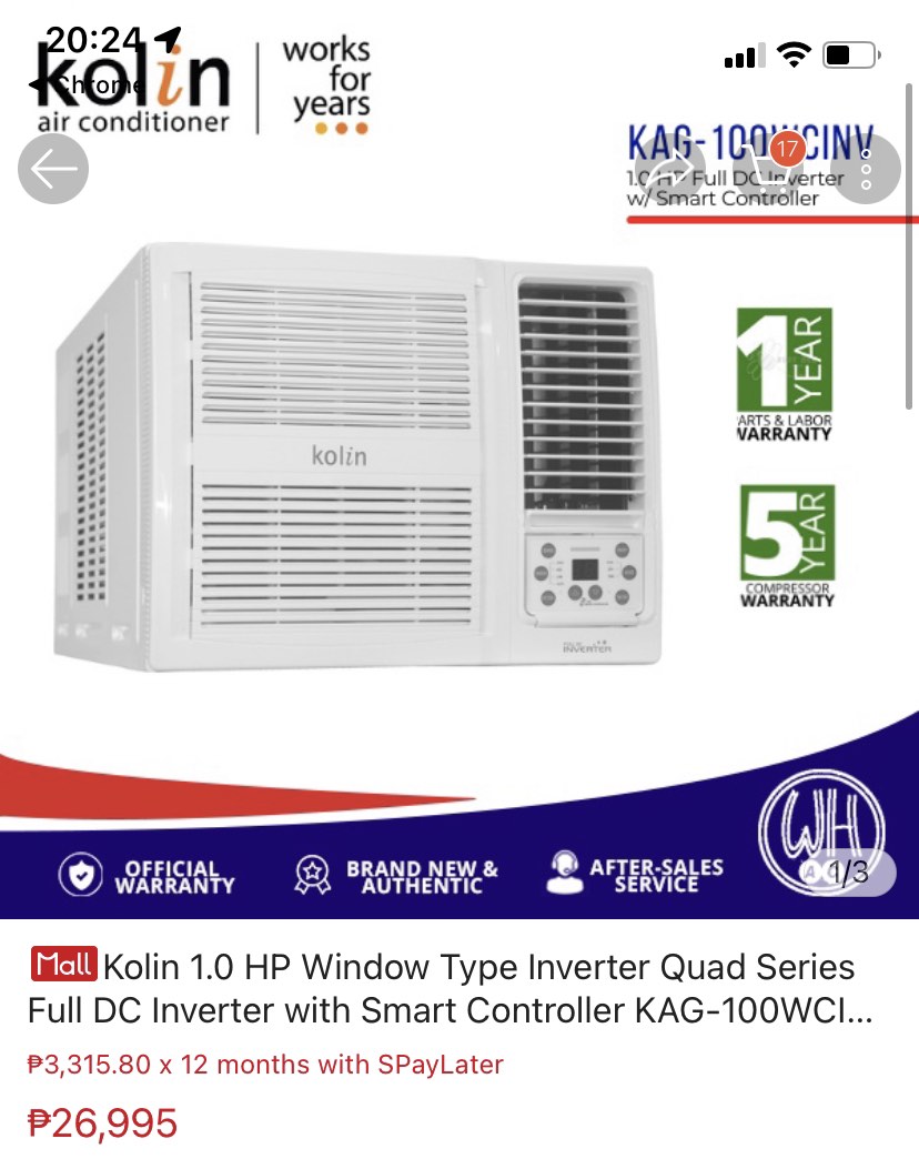 Kolin 1HP Inverter Window Type Aircon, TV & Home Appliances, Air ...