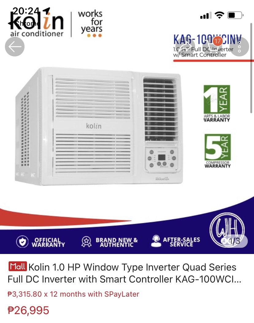 Kolin 1HP Inverter Window Type Aircon, TV & Home Appliances, Air ...