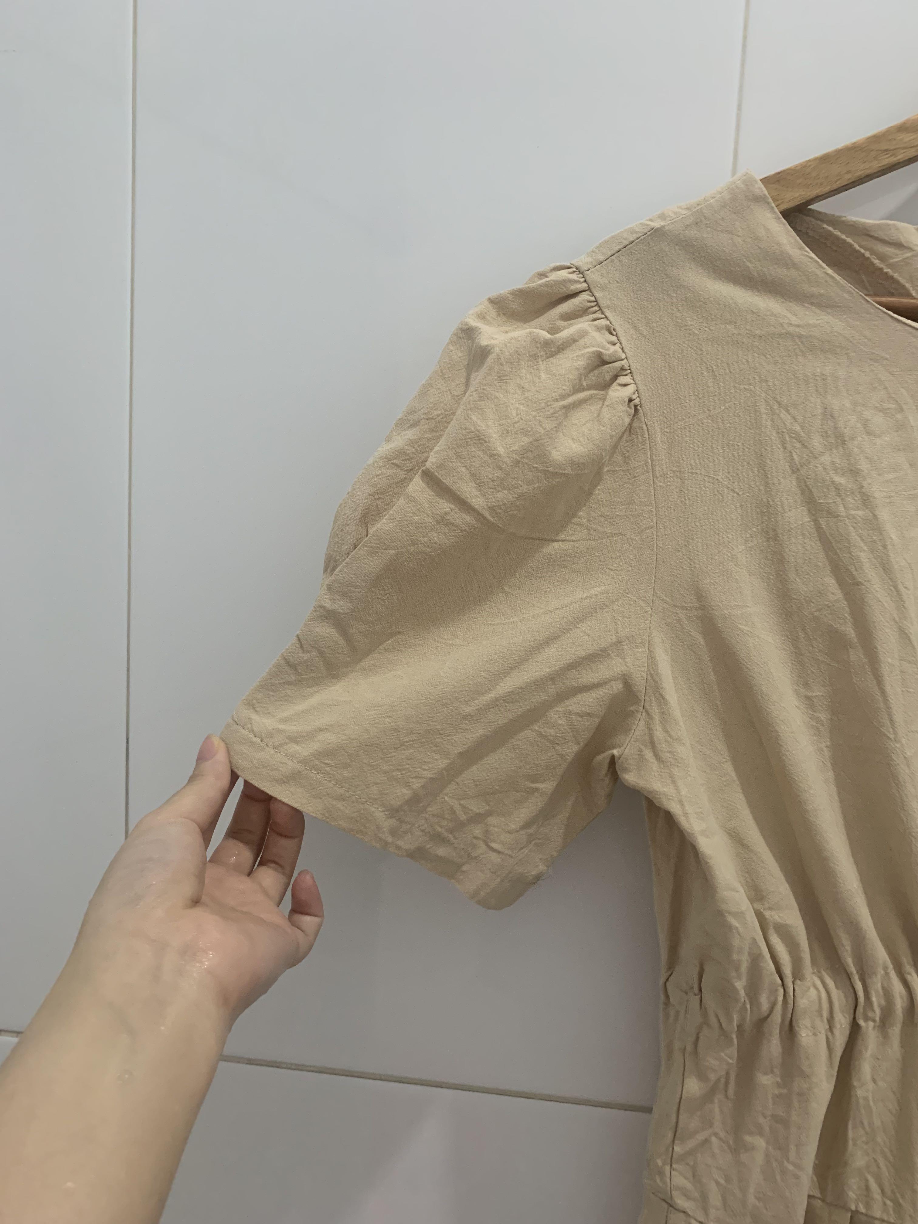 Linen brown nude cream dress midi puff puffy puffed korean korea tie ...