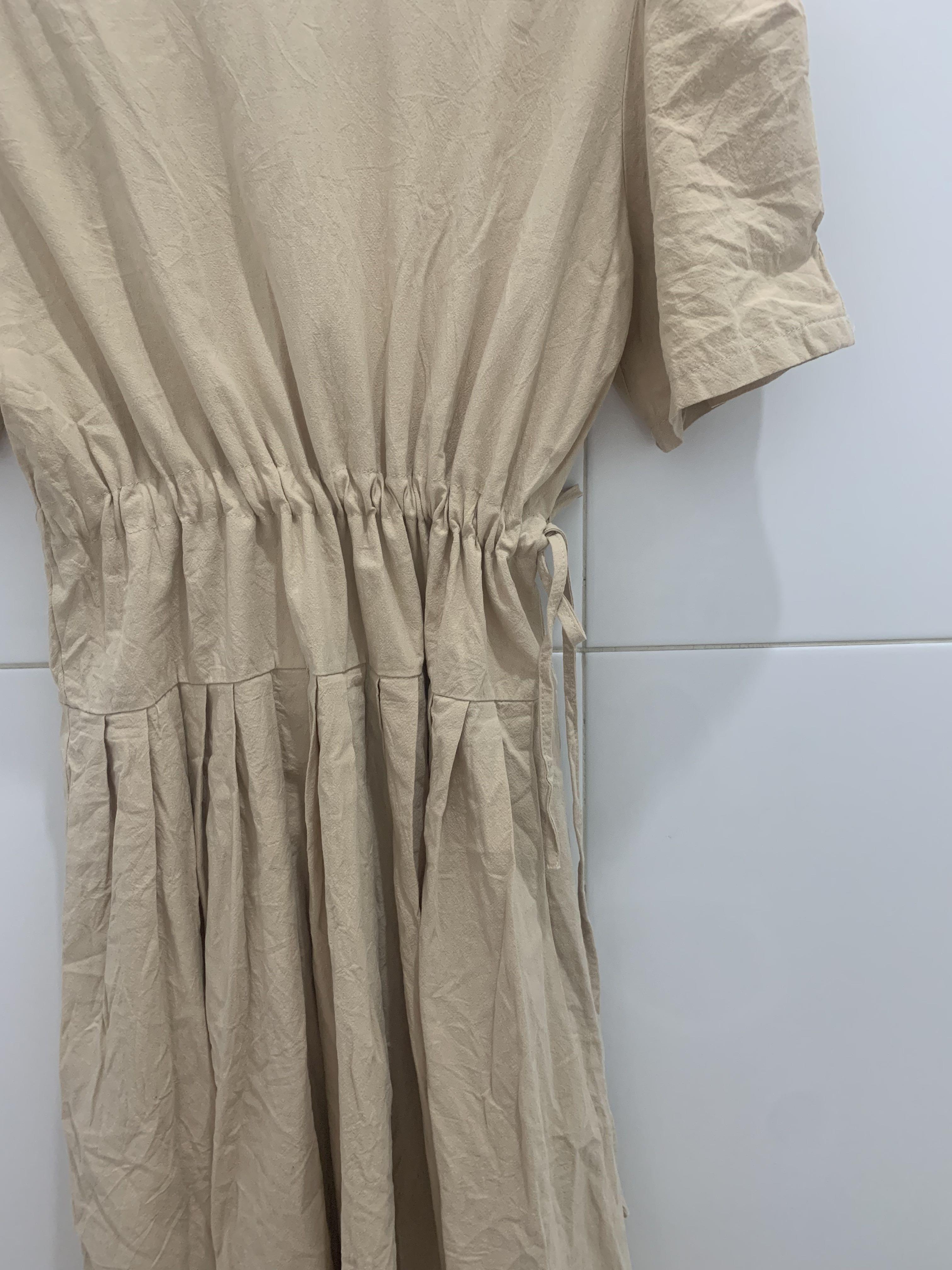 Linen brown nude cream dress midi puff puffy puffed korean korea tie ...