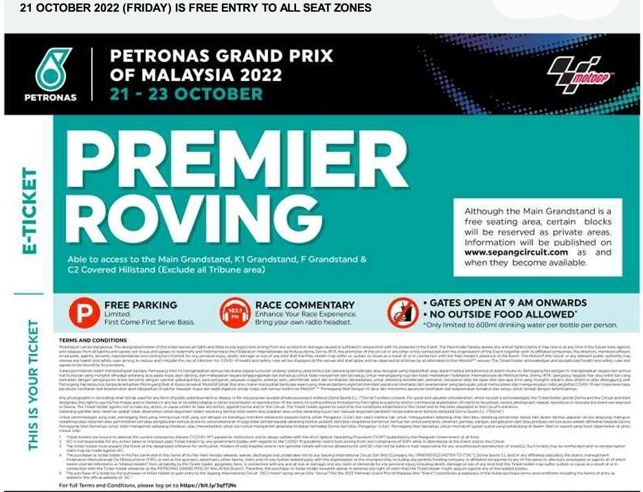 MotoGP 2022 - Sepang International Circuit (Premier Roving), Tickets ...