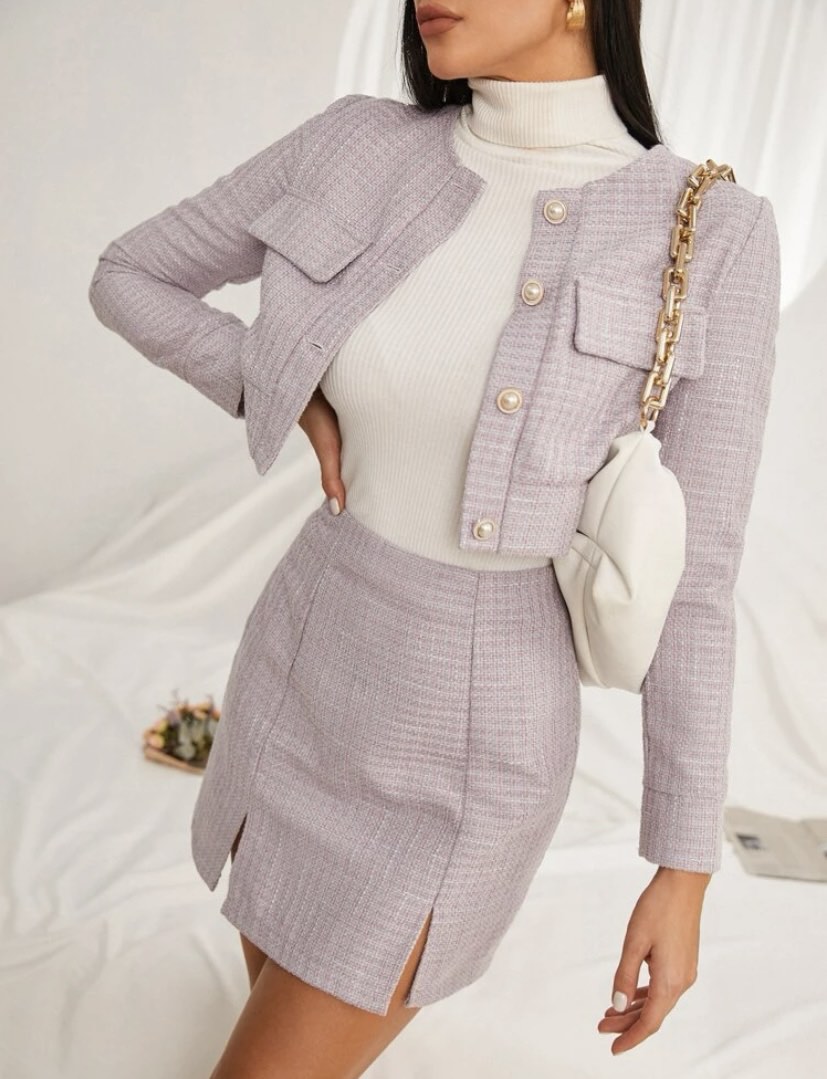 Plaid Tweed Purple Set, Women's Fashion, Dresses & Sets, Sets or ...