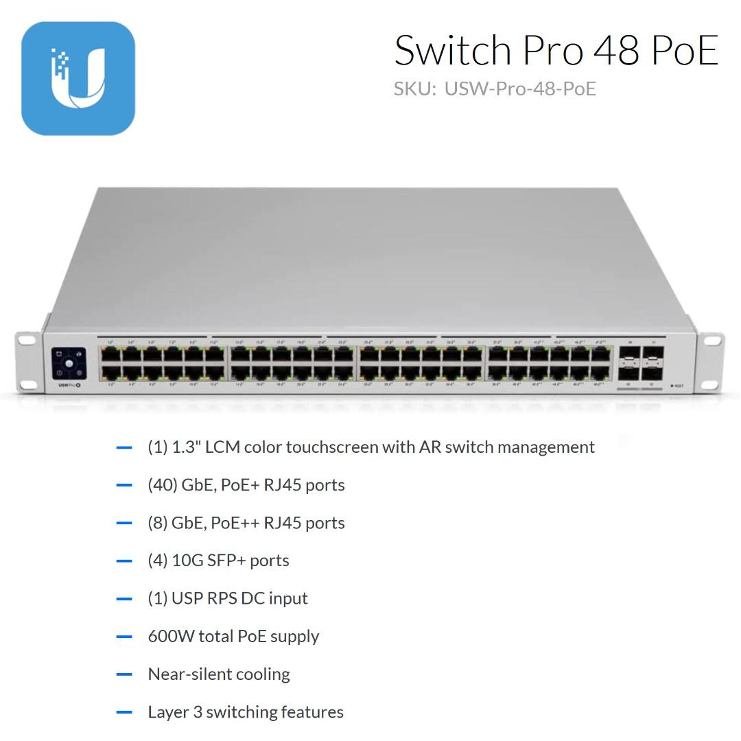 Ubiquiti UniFi Switch Pro 48 PoE - Layer 3, PoE switch with (48) GbE RJ45 ports, including (40 ...