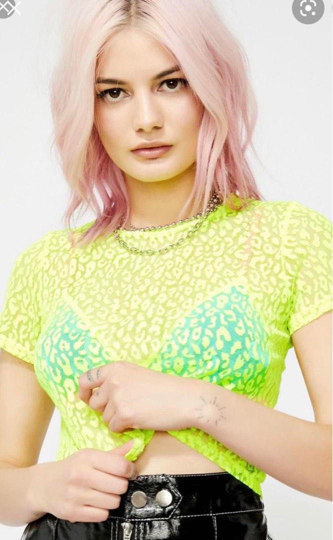 dollskill leopard print mesh top in neon green, Women's Fashion, Tops ...