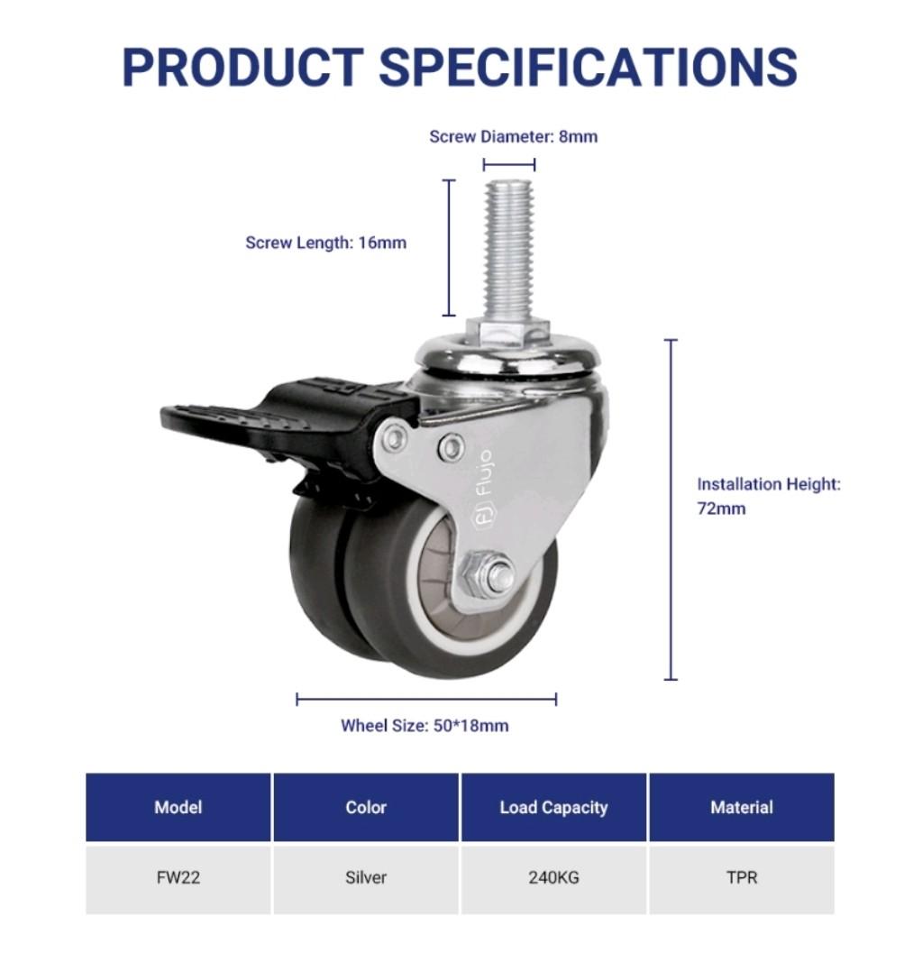 Flujo M8 Swivel Castor Wheels TPR Threaded Stem Caster Wheel with Lock ...