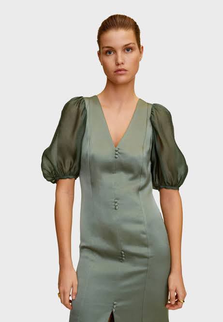 MANGO puff sleeve satin dress - S, Women's Fashion, Dresses & Sets ...