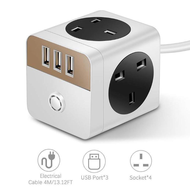 Mscien 4 Way Cube Extension Lead With 3 USB(5v/2.4A),13 Amp Switched UK ...