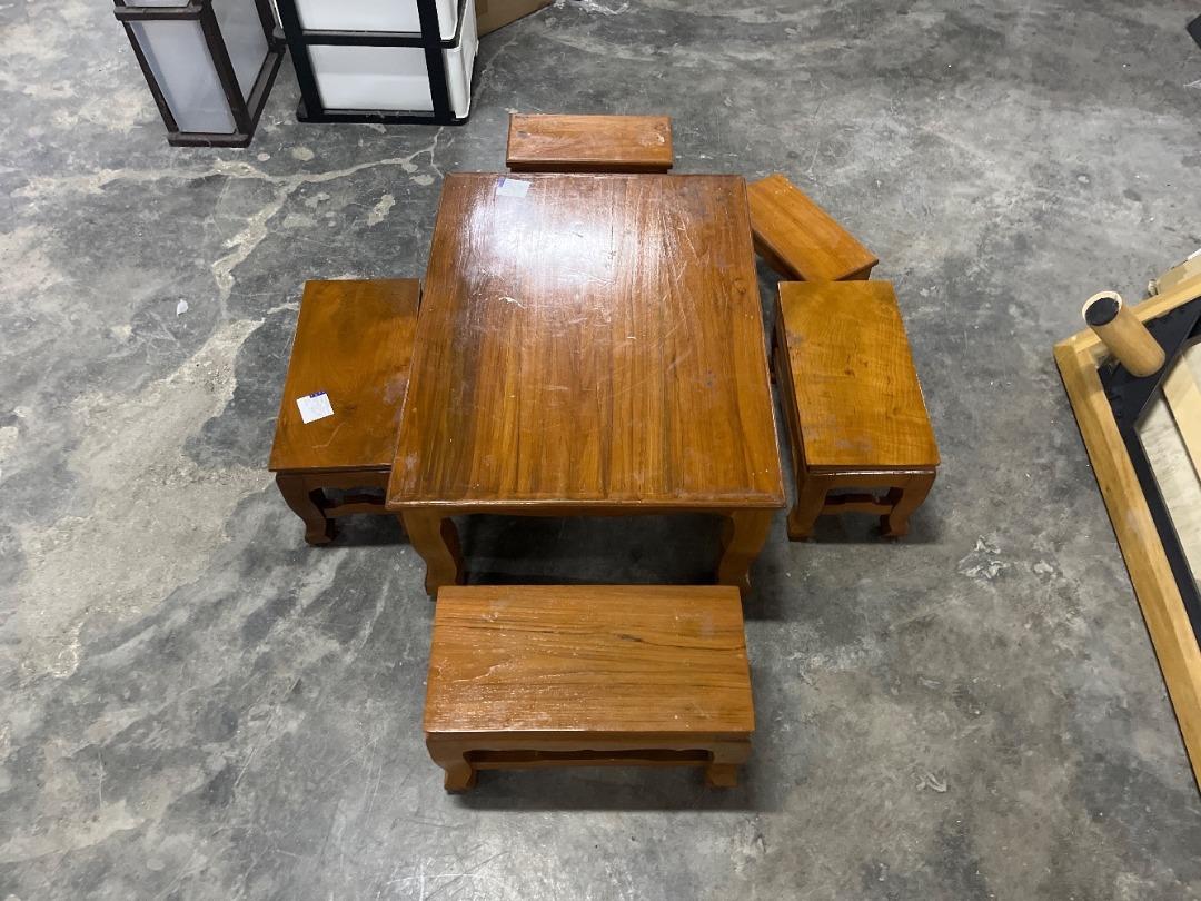 Thai Wooden Coffee Table set with 5 Stools / Set Meja Kopi Kayu Thai ...