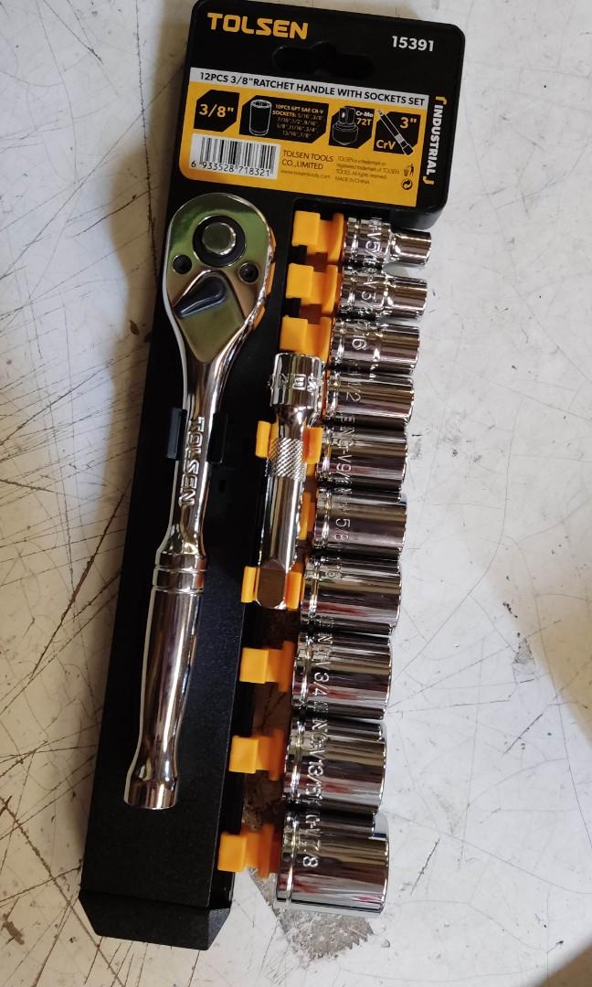 TOLSEN 12pcs. REVERSIBLE RATCHET HANDLE w/ SAE SOCKET SET (3/8" Drive ...