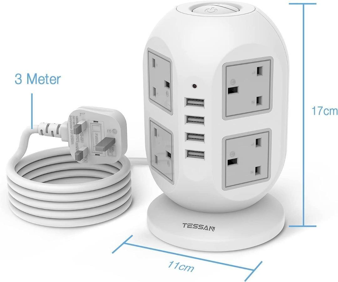 Y30 Tower Extension Lead 3M Cable, TESSAN 8 Way Surge Protected Multi ...