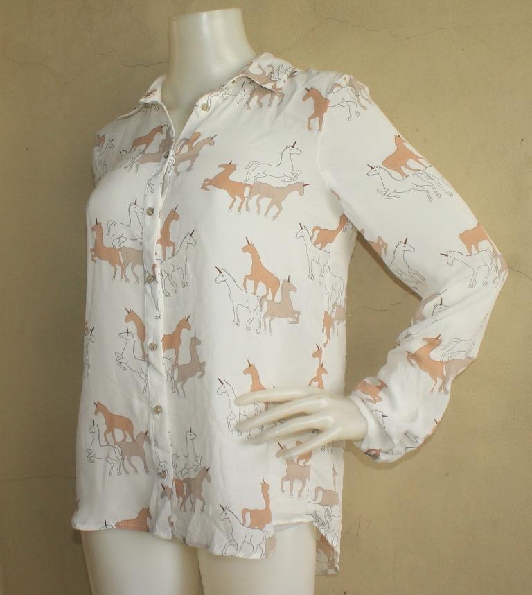 ZARA Unicorn Horse Print Button Down Blouse Top, Women's Fashion, Tops, Blouses on Carousell