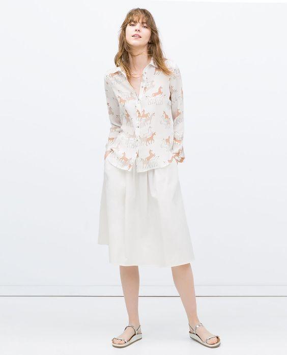 ZARA Unicorn Horse Print Button Down Blouse Top, Women's Fashion, Tops, Blouses on Carousell