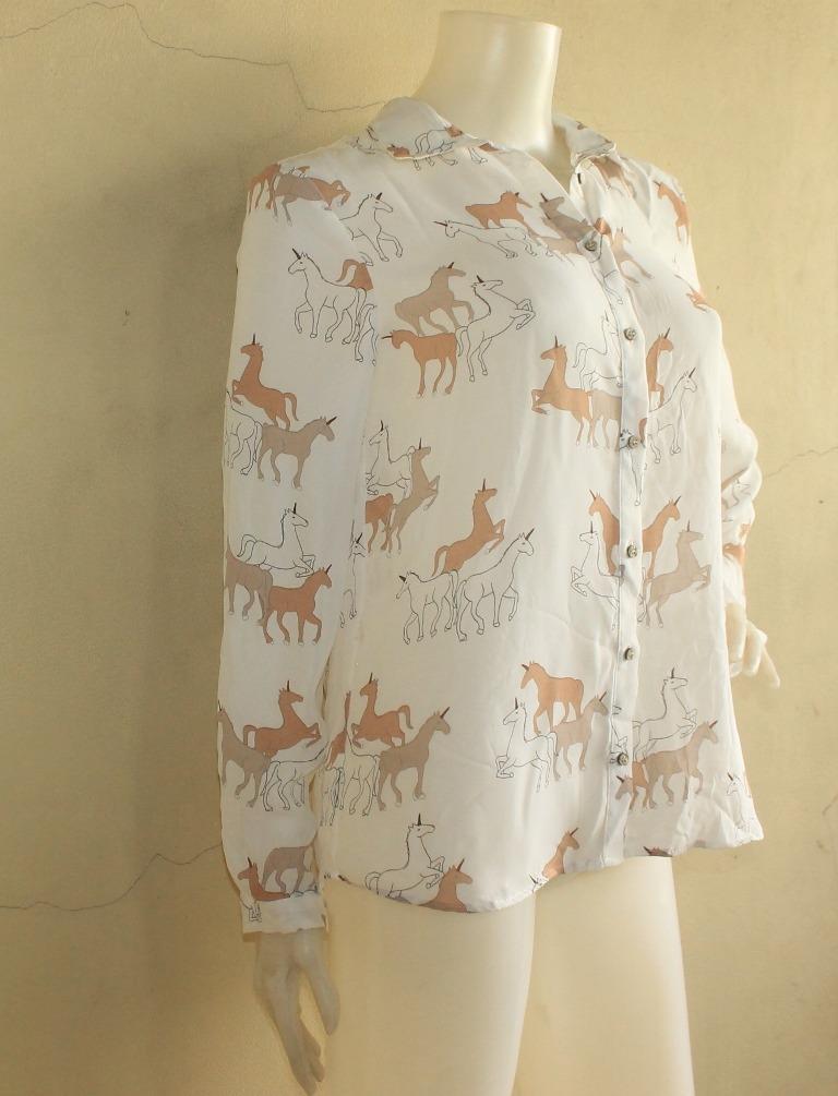 ZARA Unicorn Horse Print Button Down Blouse Top, Women's Fashion, Tops, Blouses on Carousell