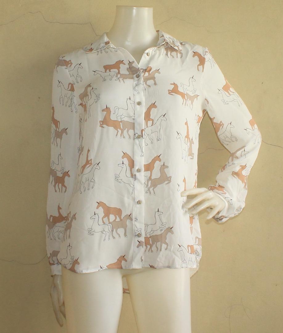ZARA Unicorn Horse Print Button Down Blouse Top, Women's Fashion, Tops, Blouses on Carousell