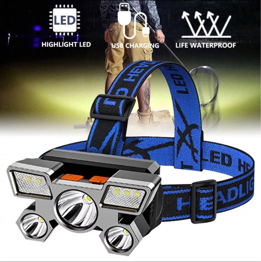Led Five-Head Headlight Strong Light Super Bright Rechargeable Fishing ...