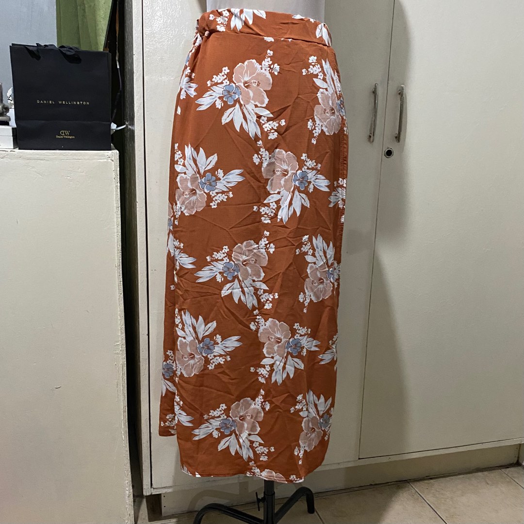 Rust floral with slit long skirt, Women's Fashion, Bottoms, Skirts on ...