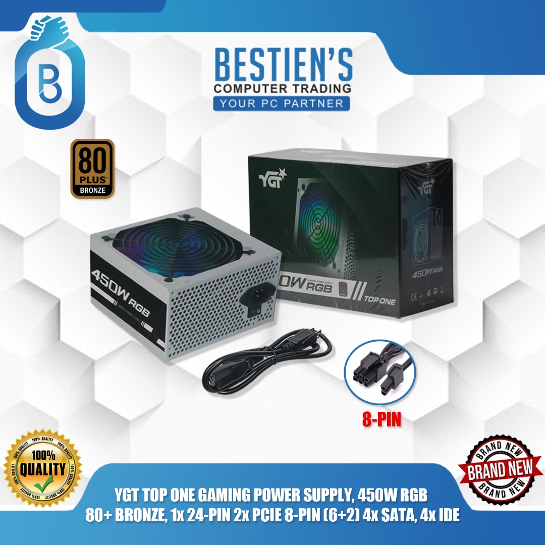 YGT TOP ONE GAMING POWER SUPPLY, 450W RGB 80+ BRONZE, 1x 24-PIN 2x PCIE ...
