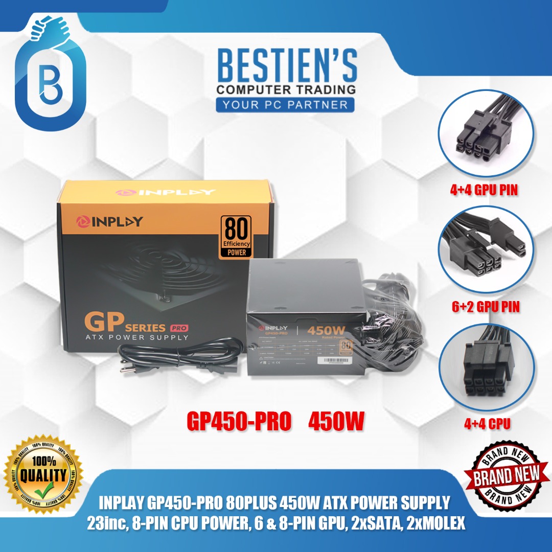 INPLAY GP450-PRO 80PLUS 450W ATX POWER SUPPLY 23inc, 8-PIN CPU POWER, 6 ...