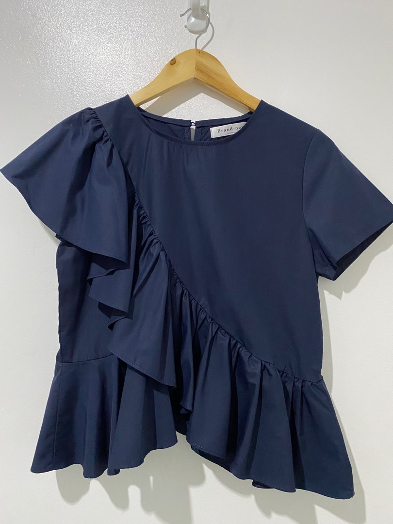 Navy blue ruffled top, Women's Fashion, Tops, Blouses on Carousell