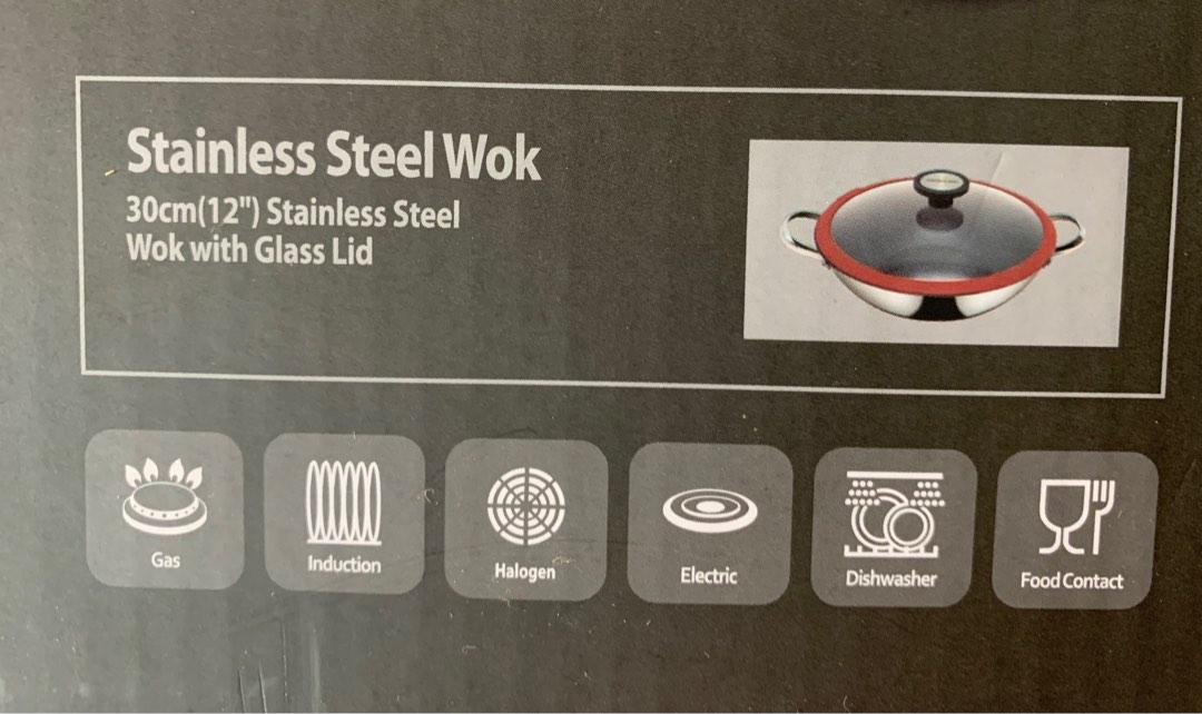 Neoflam 30cm Stainless Steel Wok with Glass Lid, Furniture & Home ...