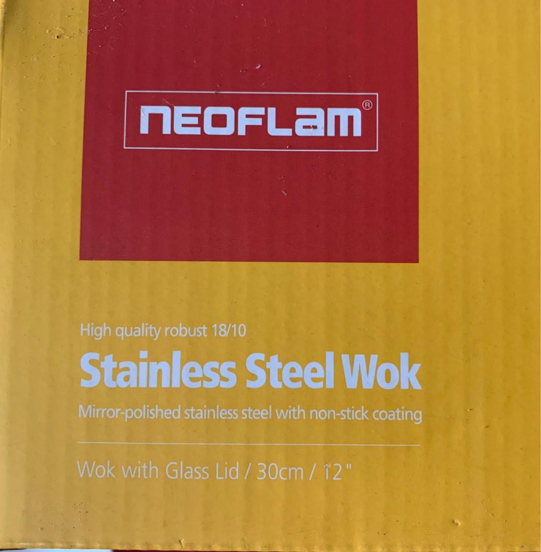 Neoflam 30cm Stainless Steel Wok with Glass Lid, Furniture & Home ...