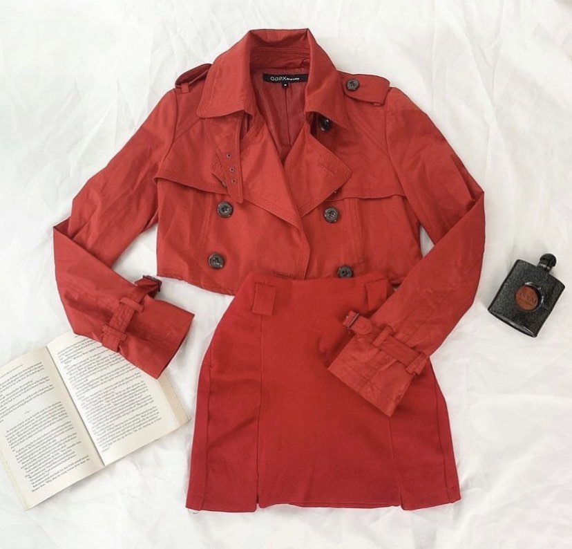 Red coords crop jacket/blazer and skirt set, Women's Fashion, Coats ...
