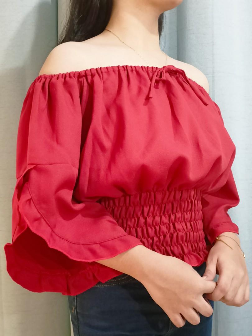 Red Off-shoulder Top (Two-way), Women's Fashion, Tops, Blouses on Carousell