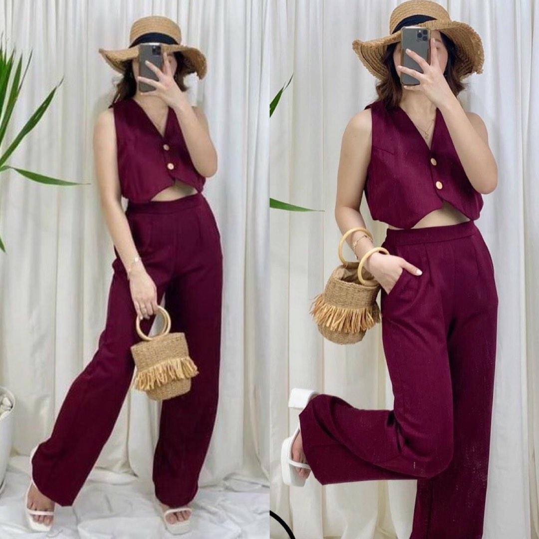 VEST LINEN COORDS (crop top + pants), Women's Fashion, Dresses & Sets ...