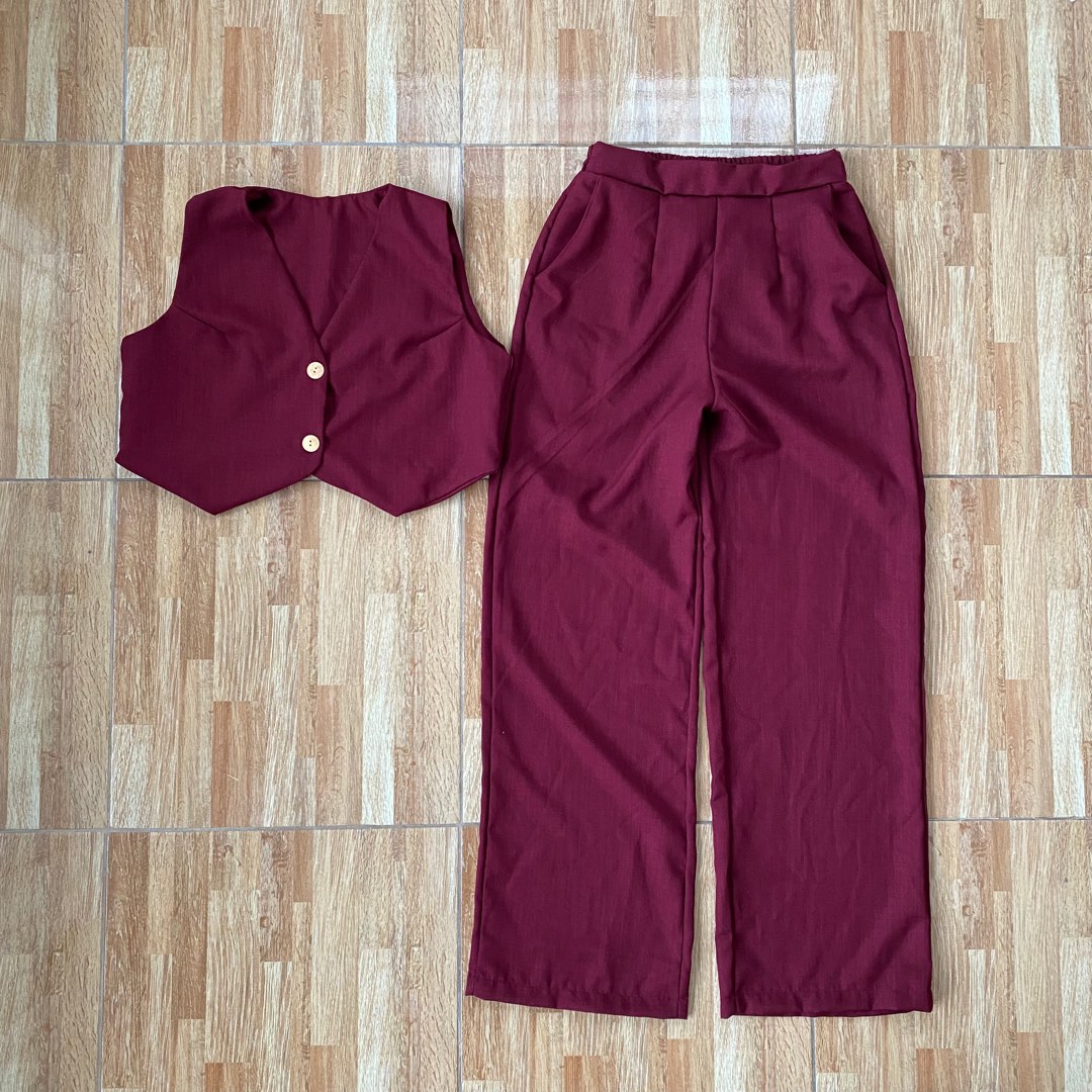 VEST LINEN COORDS (crop top + pants), Women's Fashion, Dresses & Sets ...