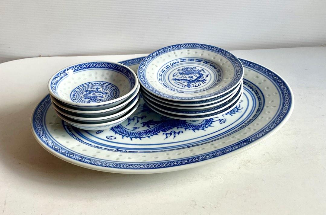 Vintage Traditional Chinese Rice Grain Dragon design Porcelain Blue and ...