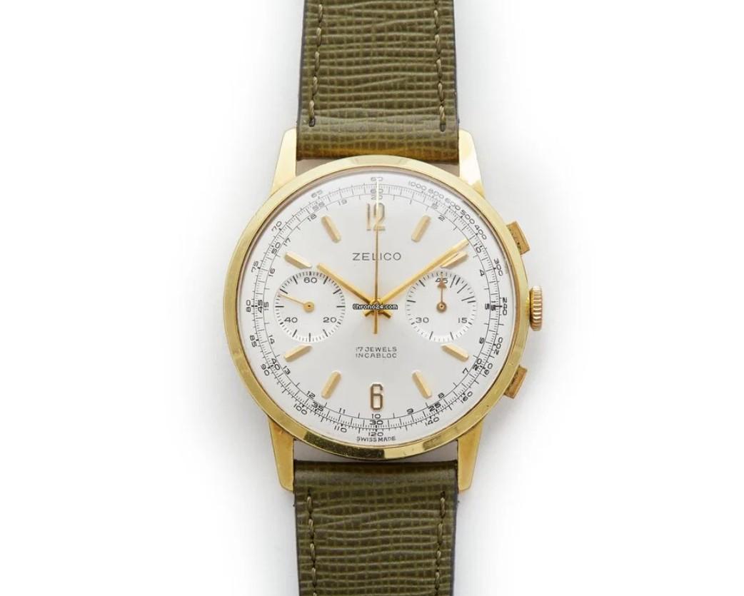 Vintage Zelico Swiss Chronograph Gold Valjoux 7733 Manual Wind Black Ostrich Foot Leather Strap ...