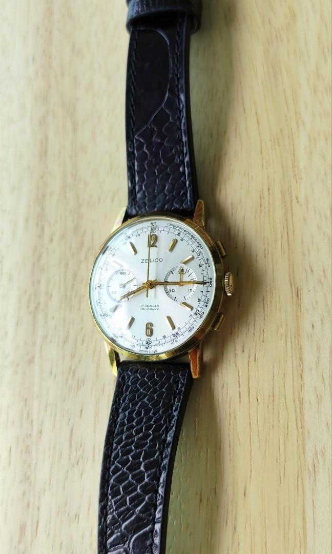 Vintage Zelico Swiss Chronograph Gold Valjoux 7733 Manual Wind Black ...