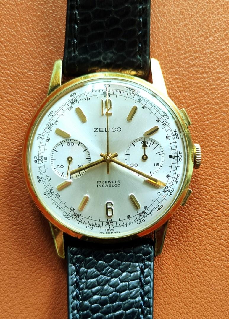 Vintage Zelico Swiss Chronograph Gold Valjoux 7733 Manual Wind Black Ostrich Foot Leather Strap ...