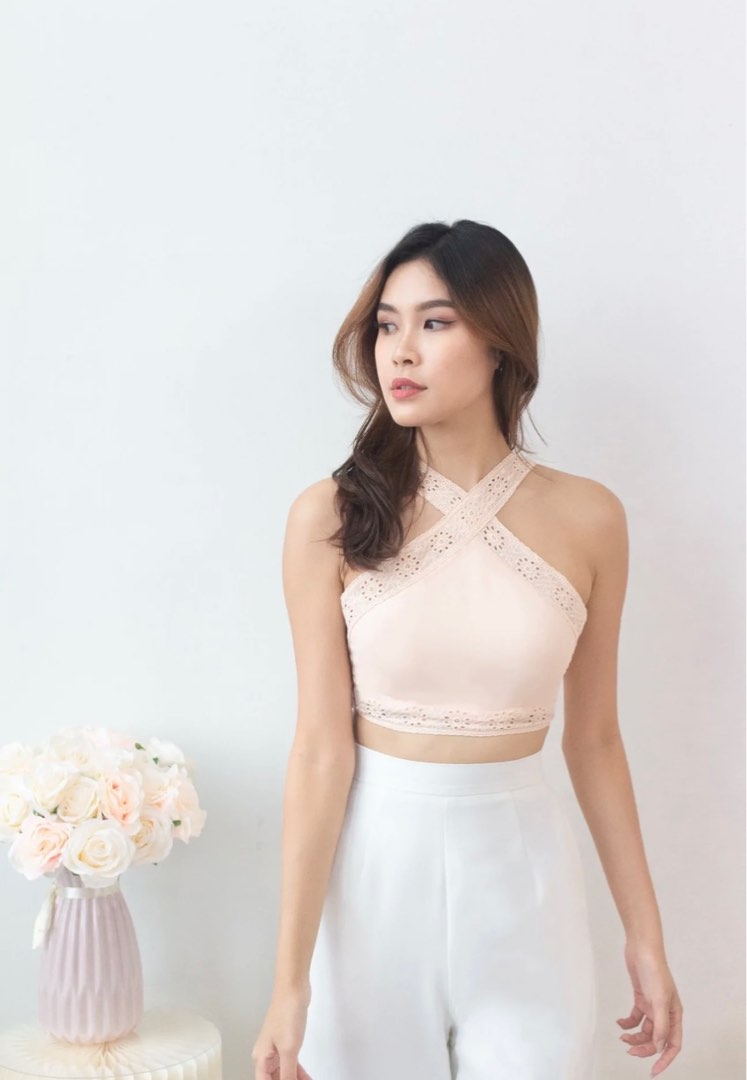 WITHLOVEKEI Pixie Eyelet Lace Halter Top in Blush Beige, Women's ...