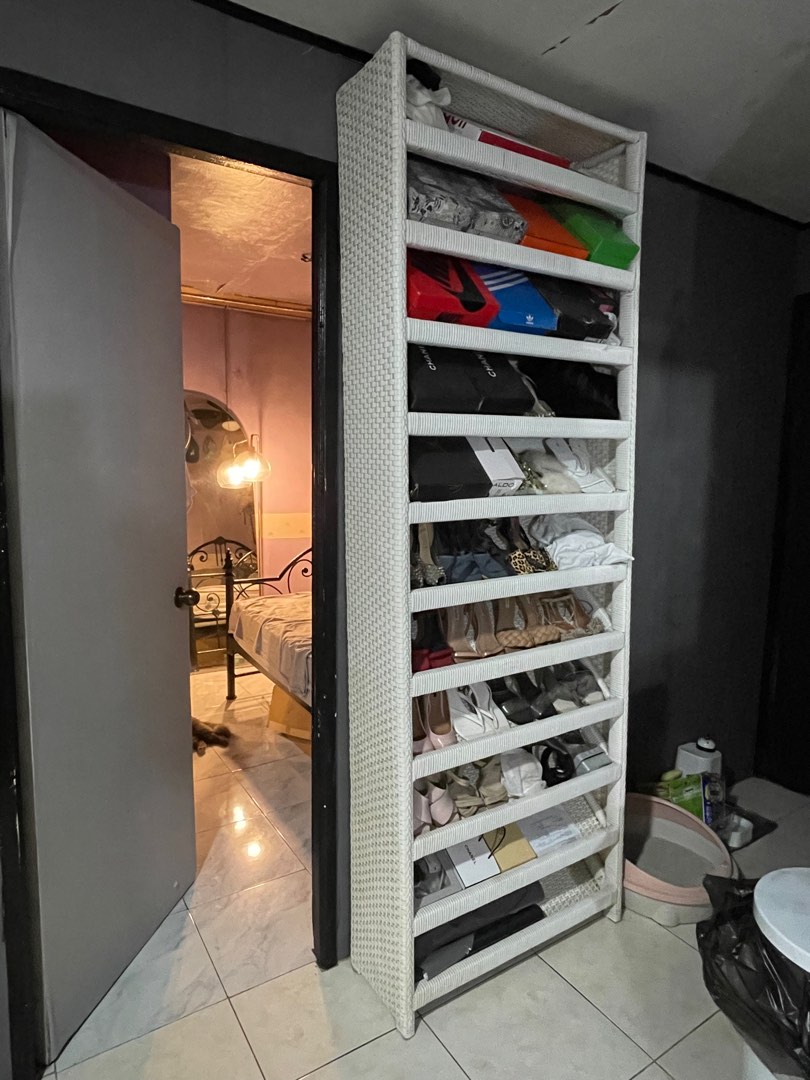 11 layers shoe rack made on wood wrap with white woven plastic ...