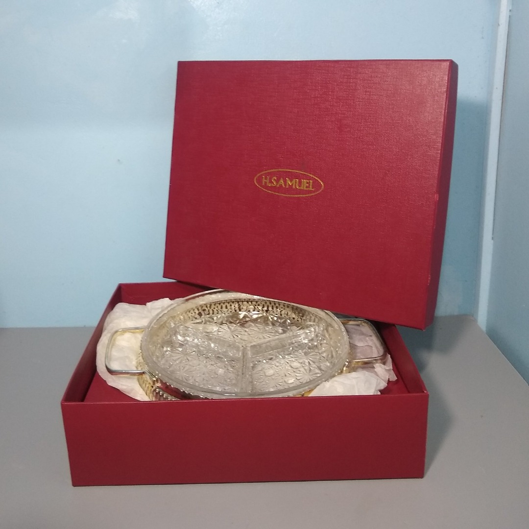 4cm x 18.5cm h.samuel glass and silver snack tray serving platter ...