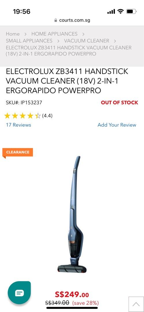 ELECTROLUX ZB3411 HANDSTICK VACUUM CLEANER (18V) 2-IN-1 ERGORAPIDO POWERPRO, TV & Home ...