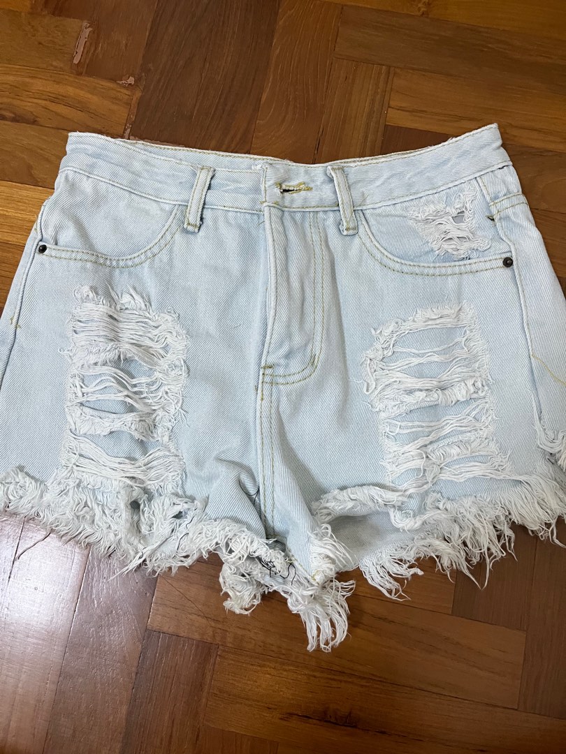 Light blue denim ripped shorts, Women's Fashion, Bottoms, Shorts on ...