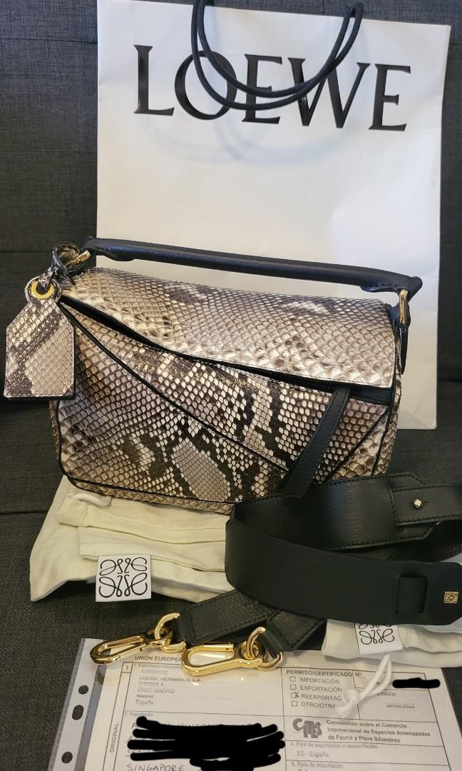 Authentic Loewe Puzzle Small Python Black GHW Exotic leather crossbody ...