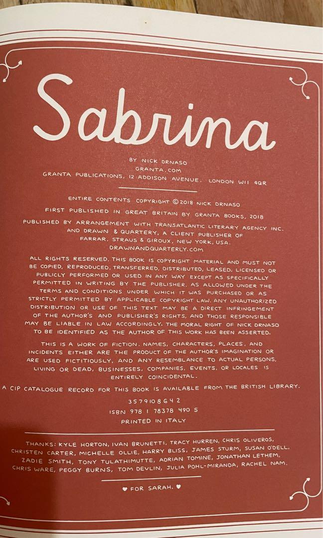 Sabrina by Nick Drnaso (hardcover award-winning graphic novel), Hobbies ...